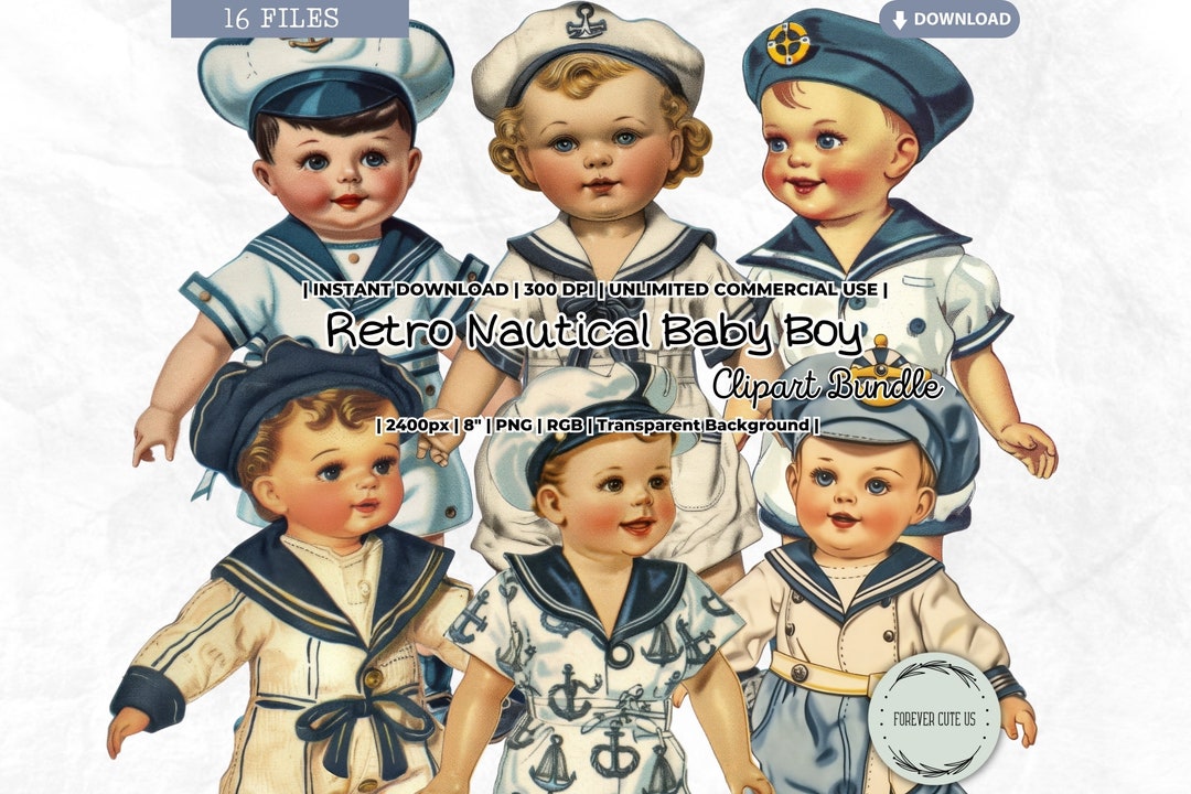 Retro Nautical Baby Boy Clipart Set, Anchor, Summer, Stripe, Blue ...