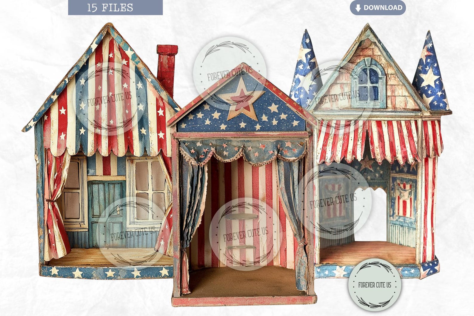 Patriotic Doll House Clipart, 4th of July Blue Red White Stars Stripe ...