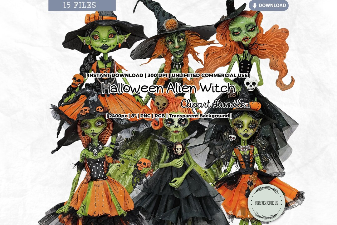 Halloween Alien Witch Clipart, Vintage Retro UFO, Green Alien ...