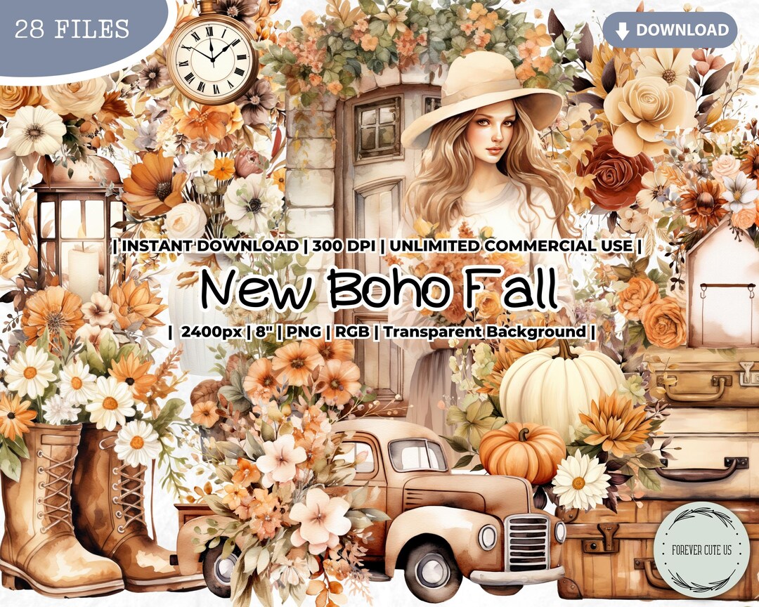 Boho Fall Clipart Bundle, Pumpkin, Vintage Truck, PNG (digital Download ...