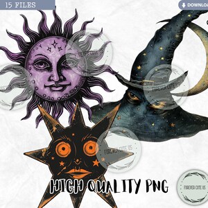 Halloween Celestial Clipart, Moon, Sun, Witch, Black Cat, Crescent ...