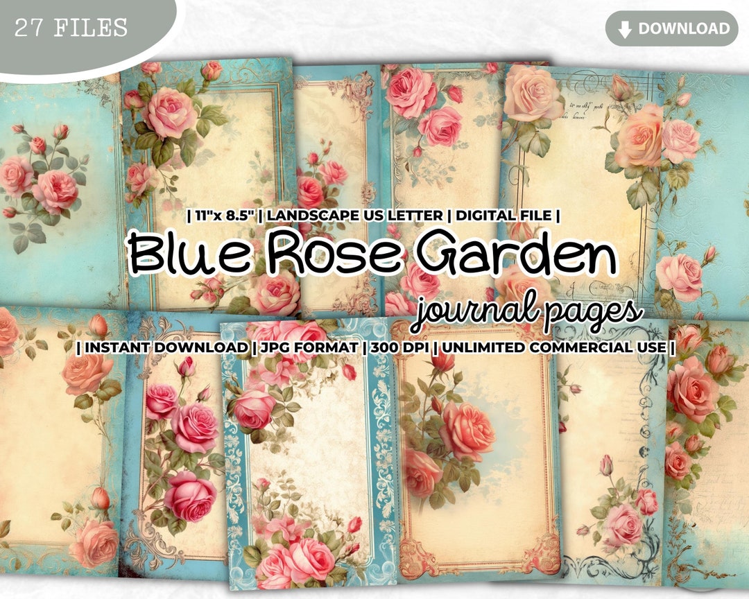 Blue Rose Garden Journal Papers, Junk Journal Pages, Shabby Chic ...