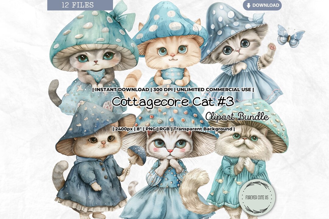 Cottagecore Cat Clipart, Kitten, Kitty, Mushroom, Fungi, Toadstool, Whimsical, Cottage, Woodland ...