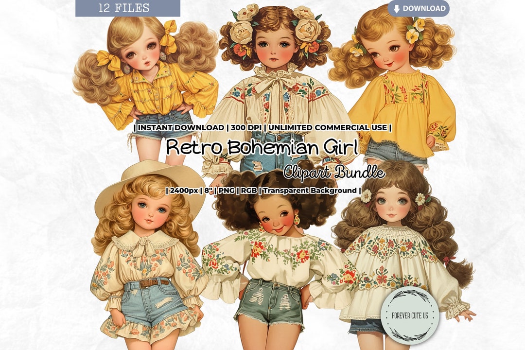 Retro Bohemian Girl Clipart, New Boho, Hippie Gal, Flower Child, Free ...