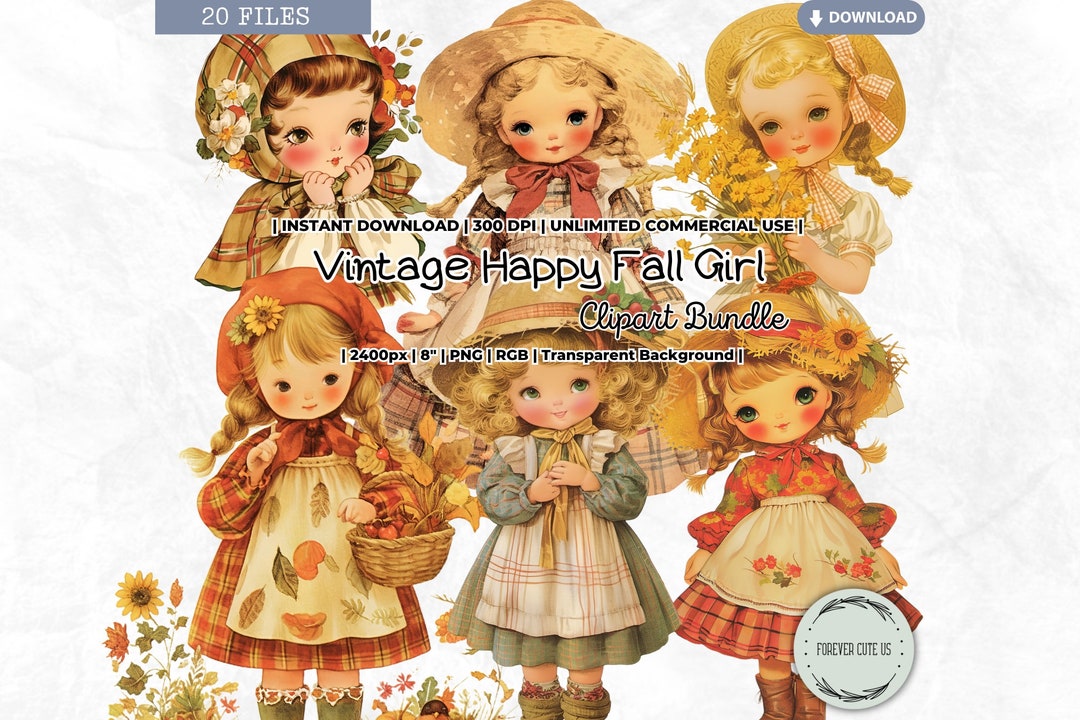 Vintage Happy Fall Girl Clipart, Scarecrow, Autumn Harvest Watercolor ...