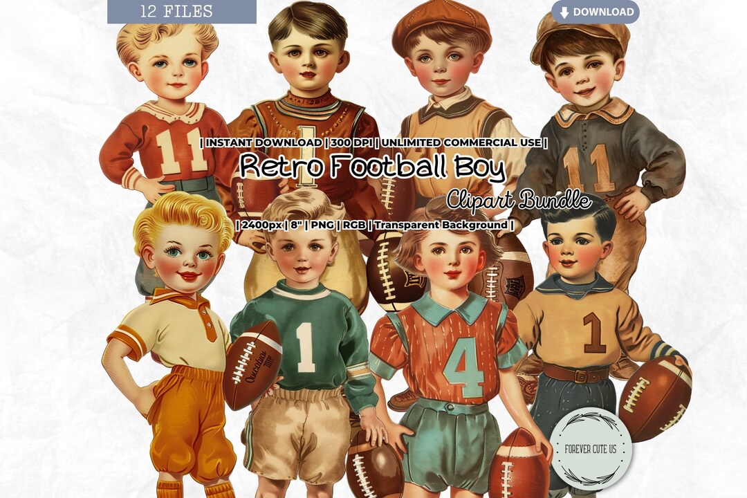 Retro Football Boy Clipart Bundle, Vintage, Team, High School, Sport ...