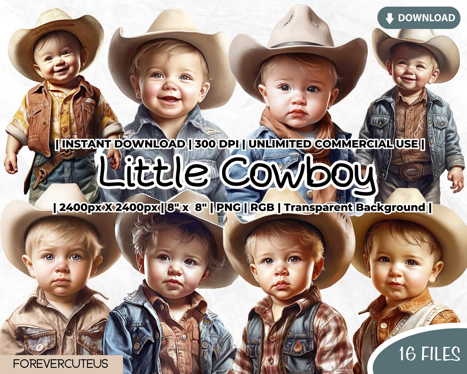 Little Cowboy Clipart Bundle, Baby Cowboy Clipart, Watercolor Cowboy ...