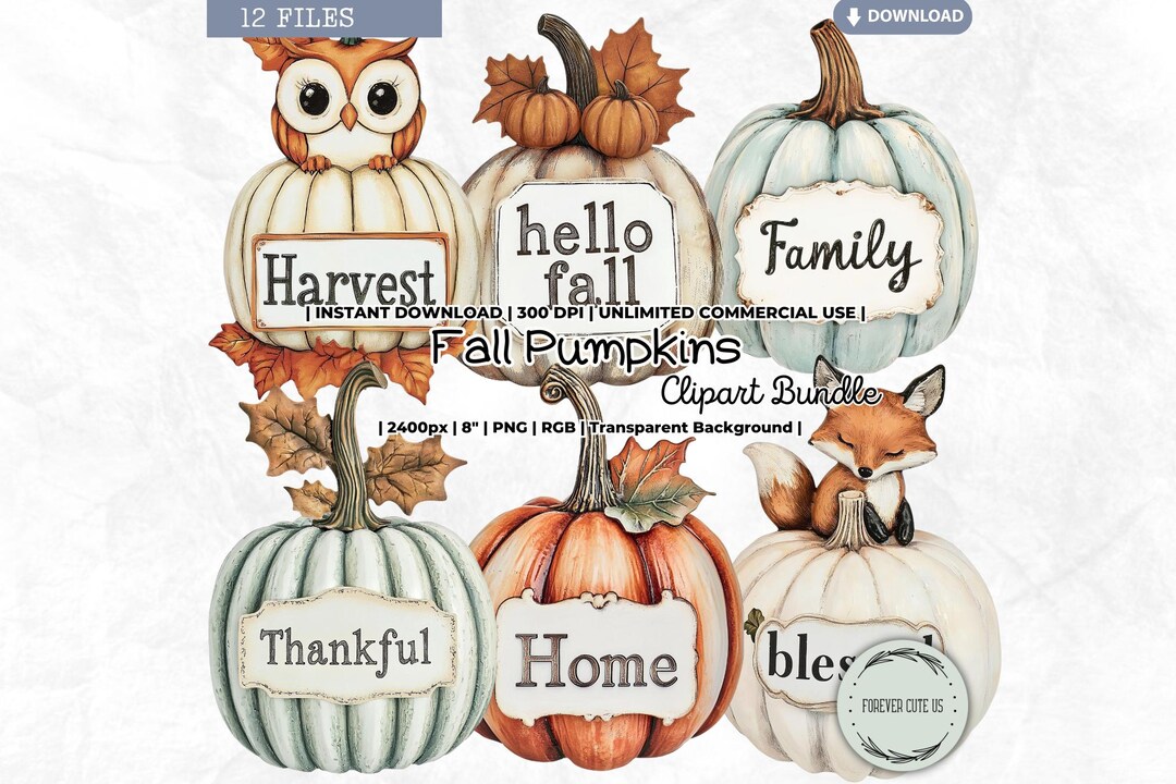 Fall Pumpkins Clipart, Autumn, Watercolor Colorful Pastel, Thanksgiving ...