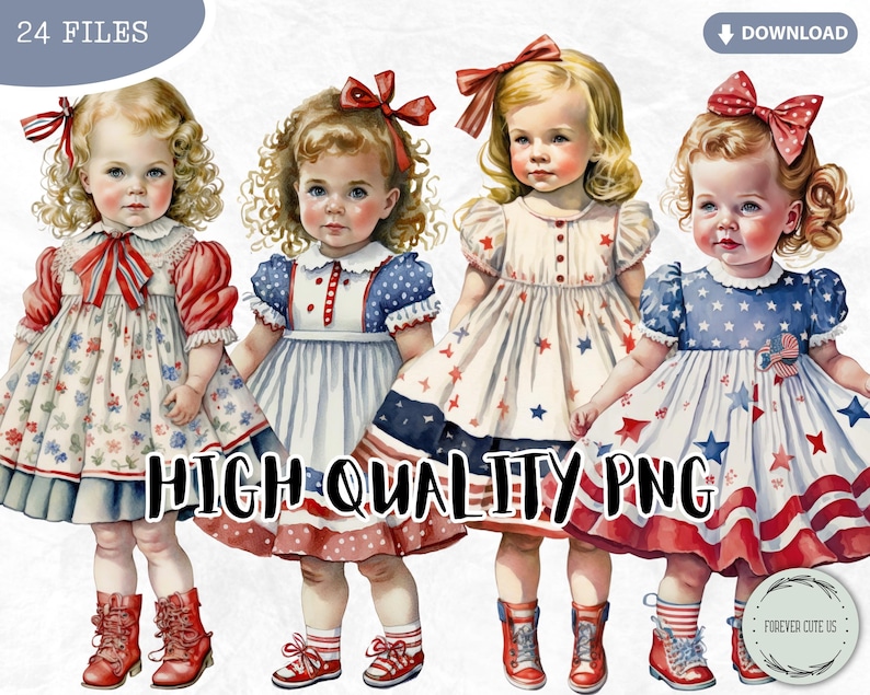 Vintage Patriotic Little Girl Clipart Bundle, Fourth of July ...