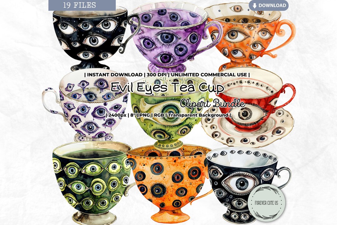 Evil Eyes Tea Cup Clipart Bundle, Halloween, Eye Ball, Creepy, Vintage ...