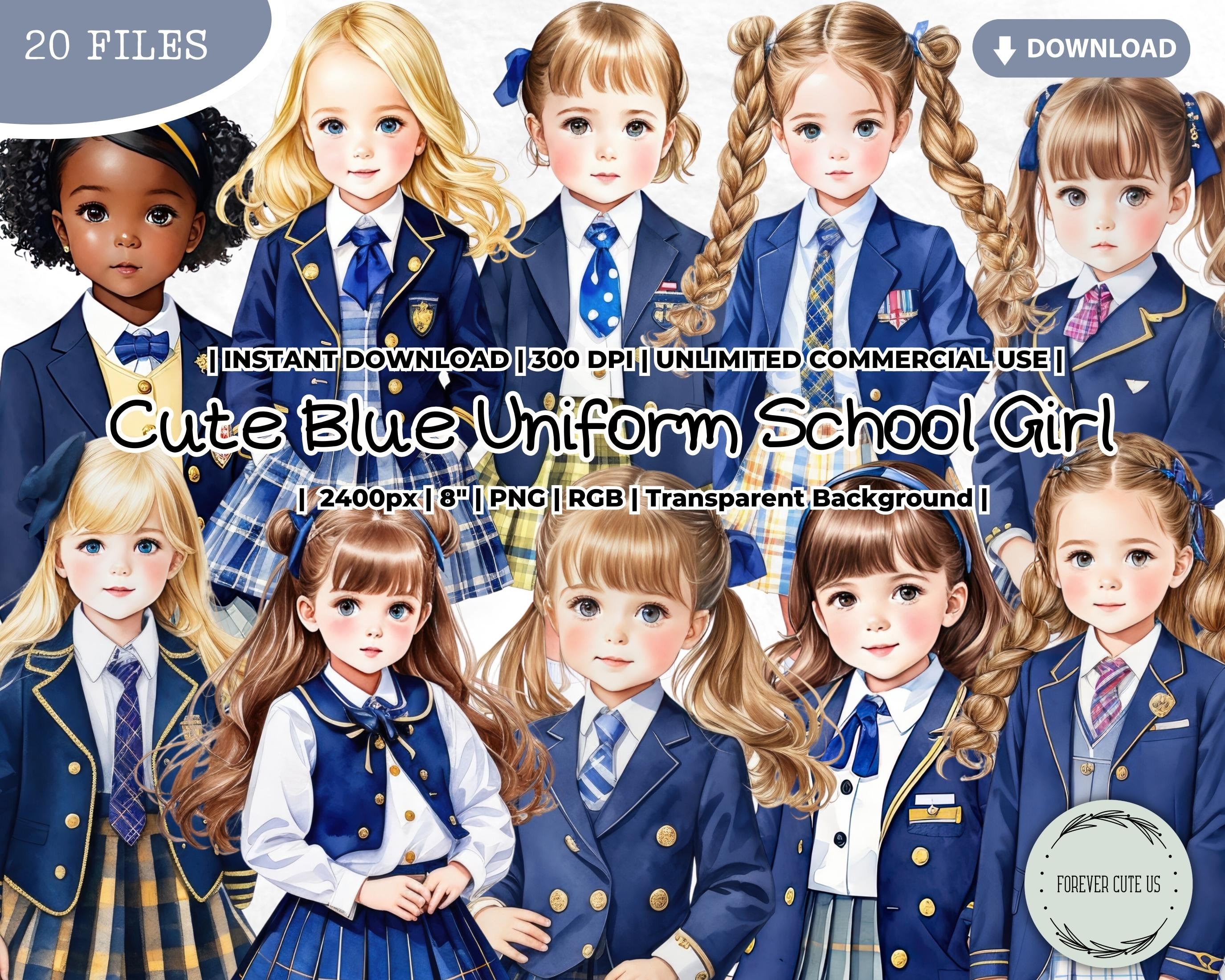 Cute Blue Uniform School Girl Clipart Bundle Student Fashion - Etsy