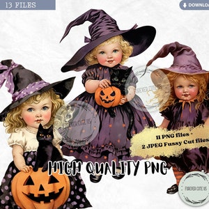 Vintage Purple Little Witch Clipart Bundle, Black Cat, Retro, Pumpkin ...