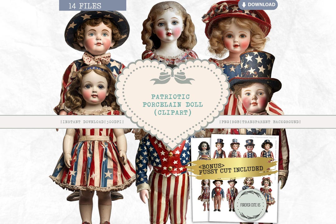 Patriotic Porcelain Doll Clipart, Vintage Doll, Little Boy, Little Girl ...