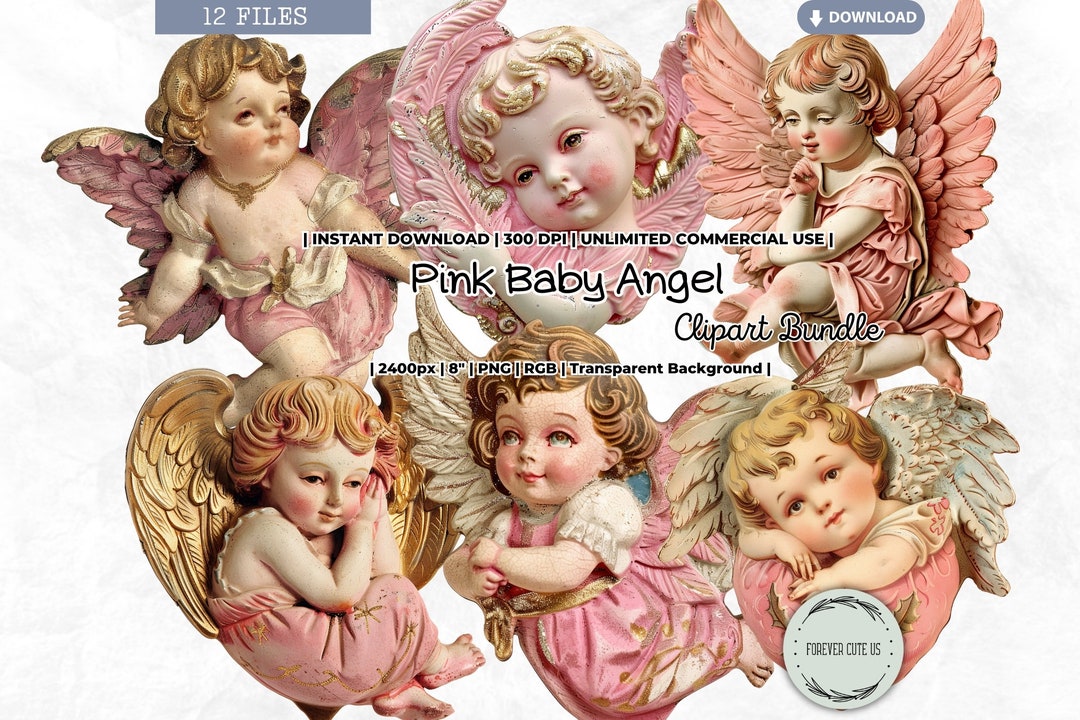 Pink Baby Angel Clipart Bundle, Vintage Pink Christmas Angel, Ornament ...