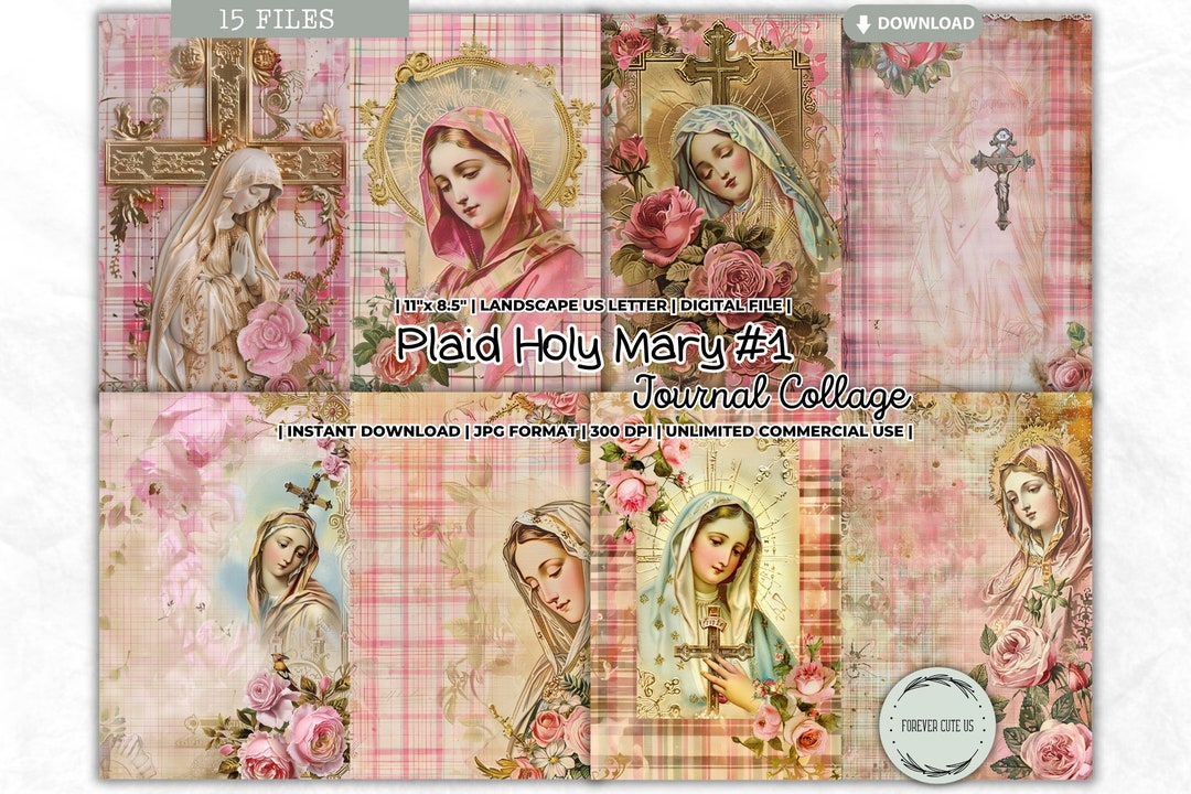 Plaid Holy Mary Journal Collage Sheet, Pastel Pink Mother Mary, Virgin ...