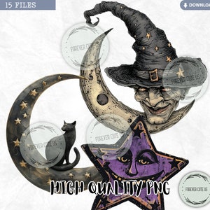 Halloween Celestial Clipart, Moon, Sun, Witch, Black Cat, Crescent ...