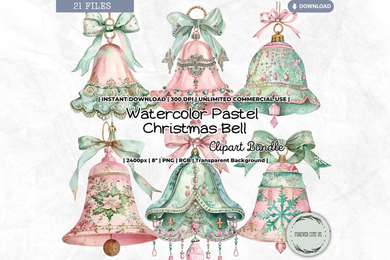 Watercolor Pastel Christmas Bell Clipart, Candy Coated Christmas ...