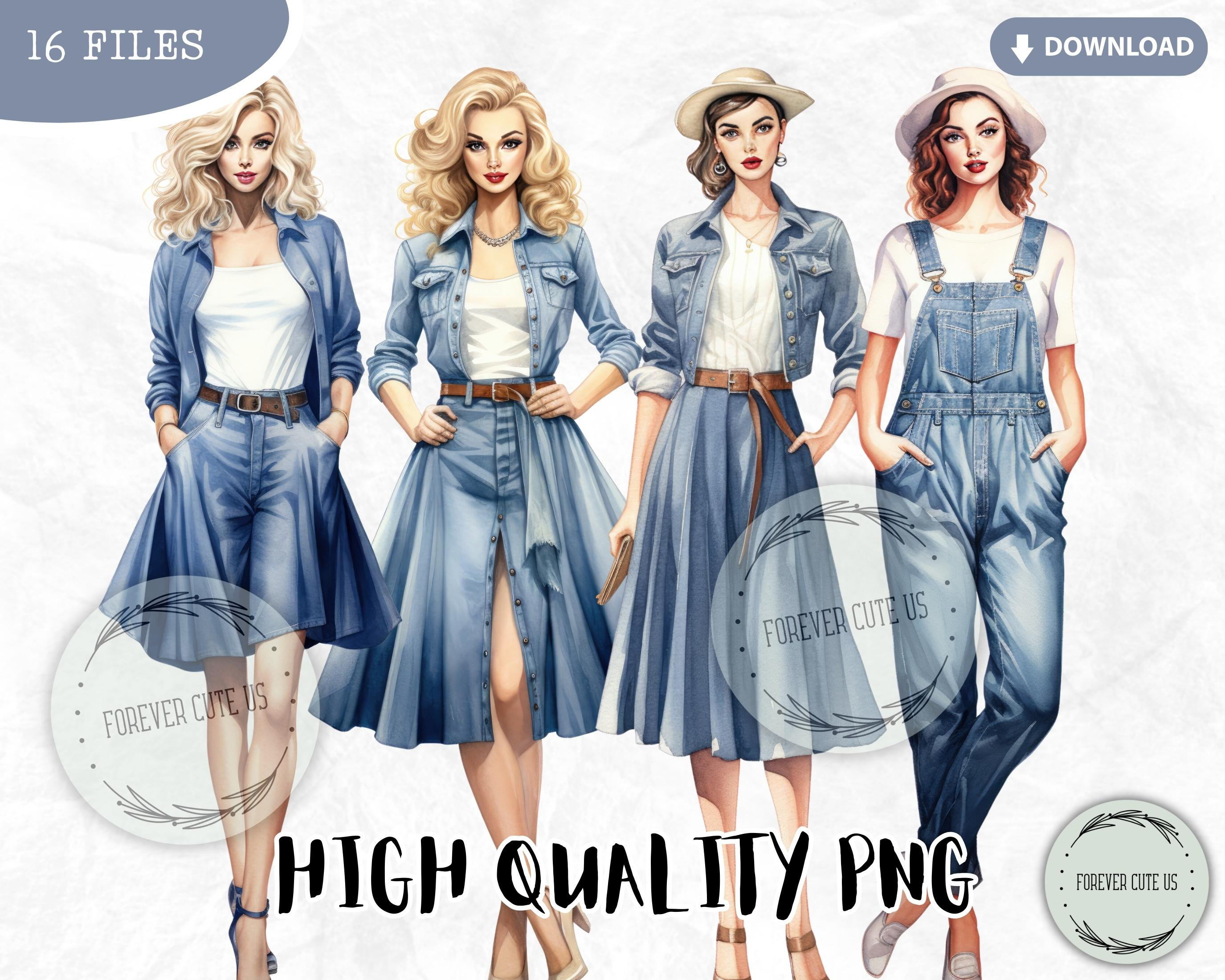 Retro Denim Girl Clipart Set Autumn Jean Shorts Skirt - Etsy