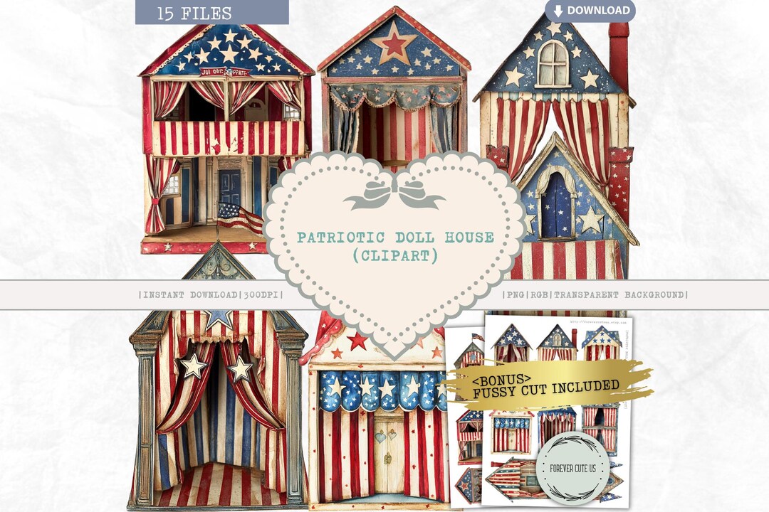 Patriotic Doll House Clipart, 4th of July Blue Red White Stars Stripe ...