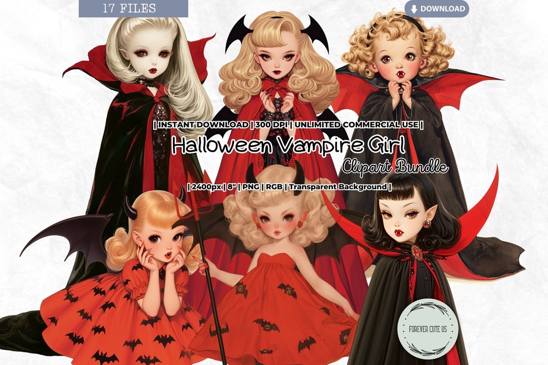 Halloween Vampire Girl Clipart Bundle, Vintage Goth, Retro Devil, Dark ...