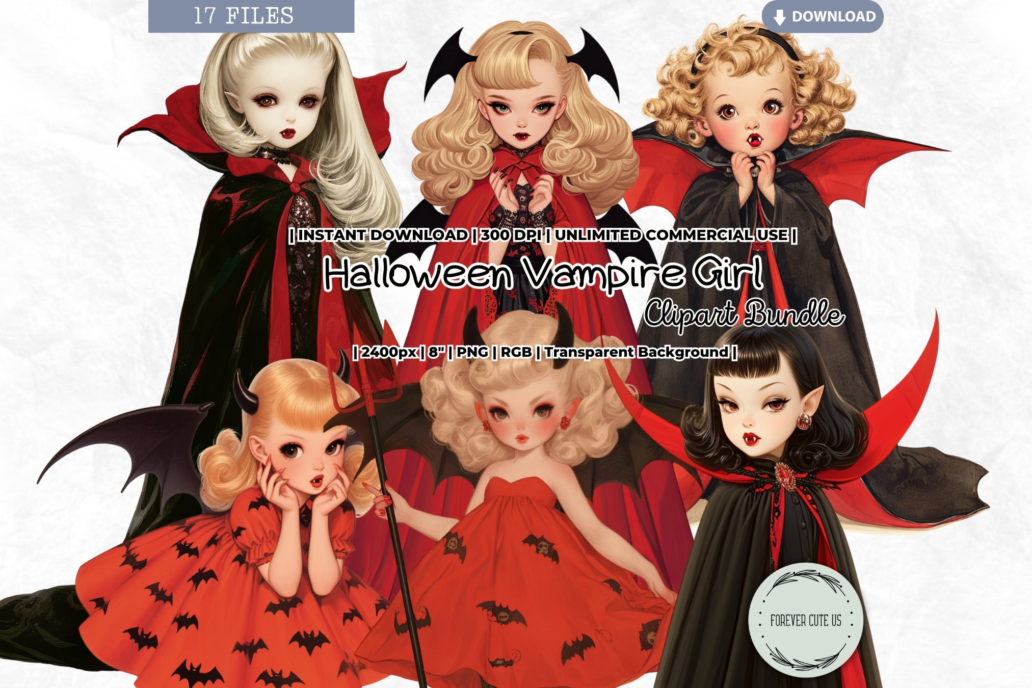 Halloween Vampire Girl Clipart Bundle, Vintage Goth, Retro Devil, Dark ...