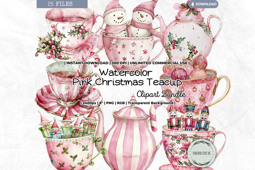 Watercolor Pink Christmas Teacup Clipart, Pinkmas Clipart, Pink Winter ...