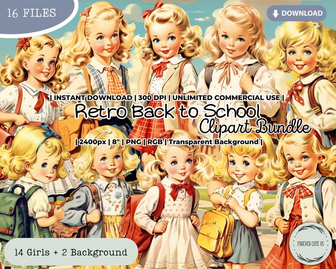 Retro Back to School Clipart Set, Girl, Student, Fashion Illustration ...