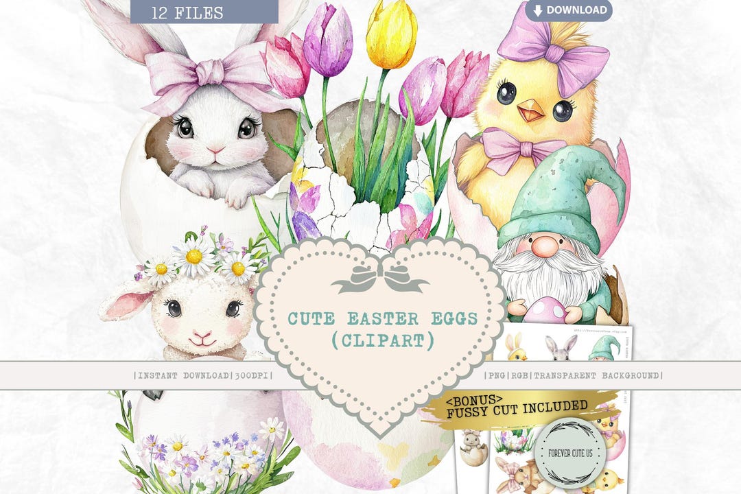 Cute Easter Eggs Clipart, Vintage, Retro, Bunny, Baby Little Chick ...