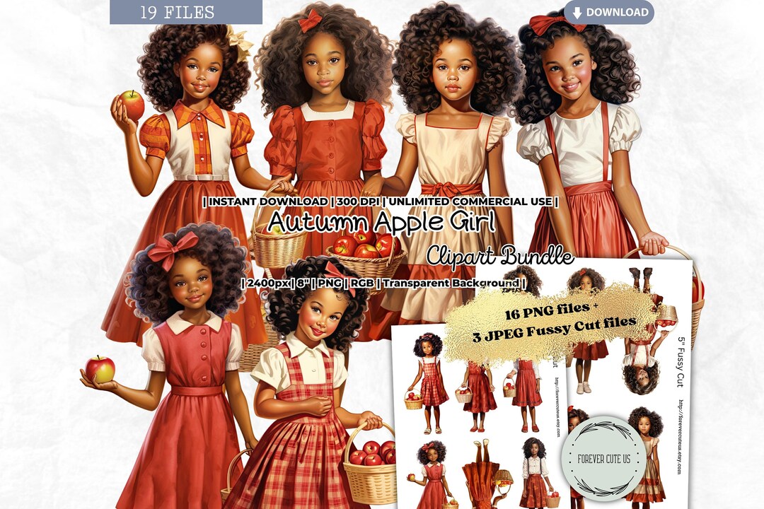 Autumn Apple Girl Clipart Set, Vintage, Retro, Fall, Harvest, Black ...