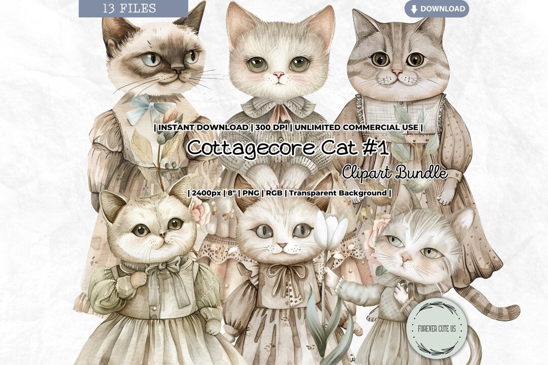 Cottagecore Cat Clipart, Kitten, Homestead, Wildcrafting, Whimsical ...