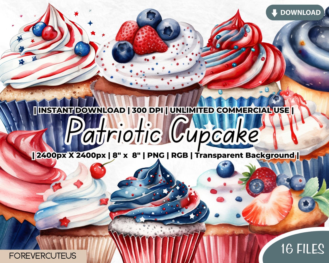 Patriotic Cupcake Clipart Bundle Watercolor Cupcake Cupcake - Etsy