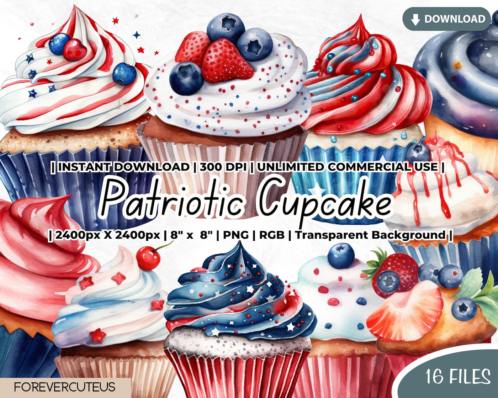 Patriotic Cupcake Clipart Bundle, Watercolor Cupcake, Cupcake Clipart ...