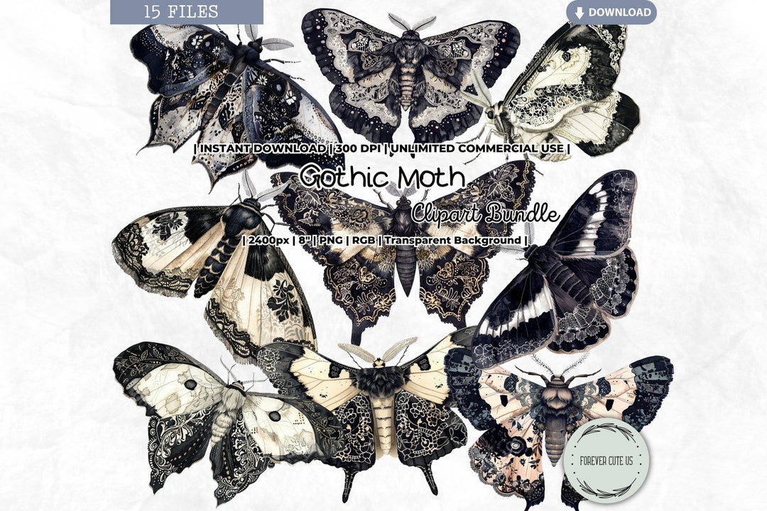 Gothic Moth Clipart, Watercolor, Black, Dark, Goth, Brooch, Lace ...