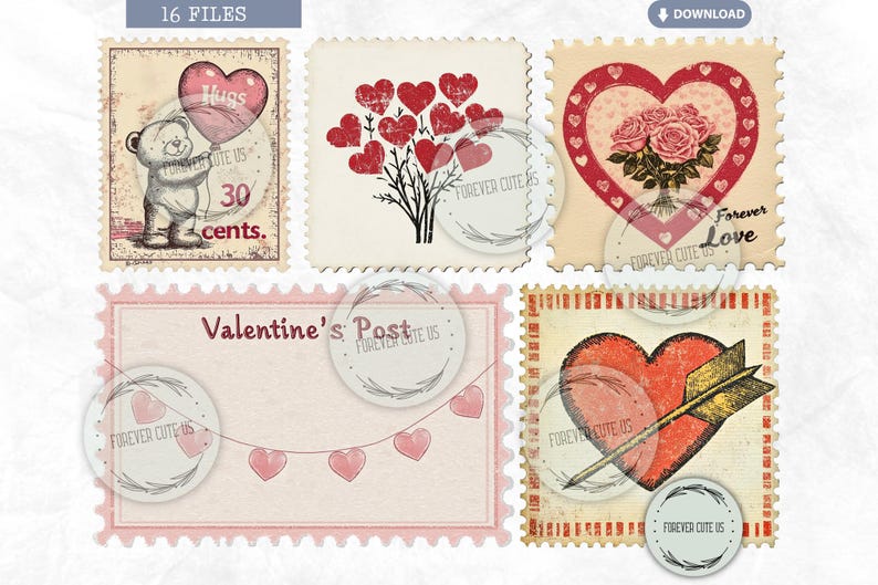 Valentine's Day Stamps Clipart, Vintage Postage Stamps Clipart, Love ...