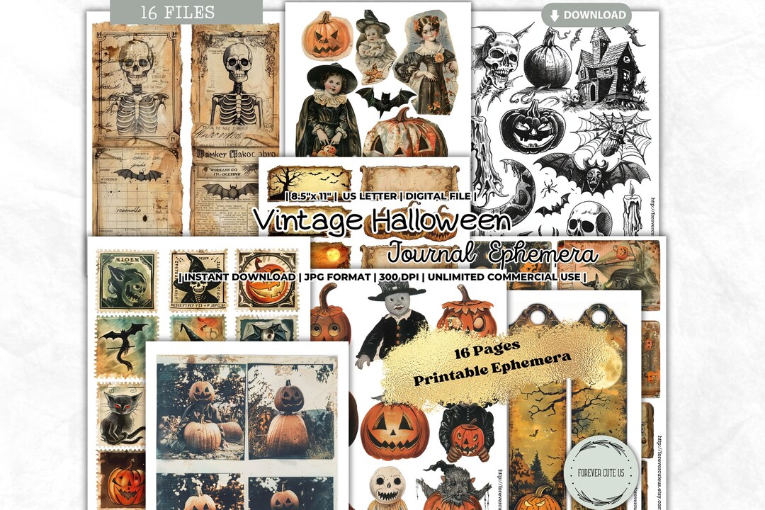 Vintage Halloween Junk Journal Ephemera Kit, Retro, Printable Papers ...