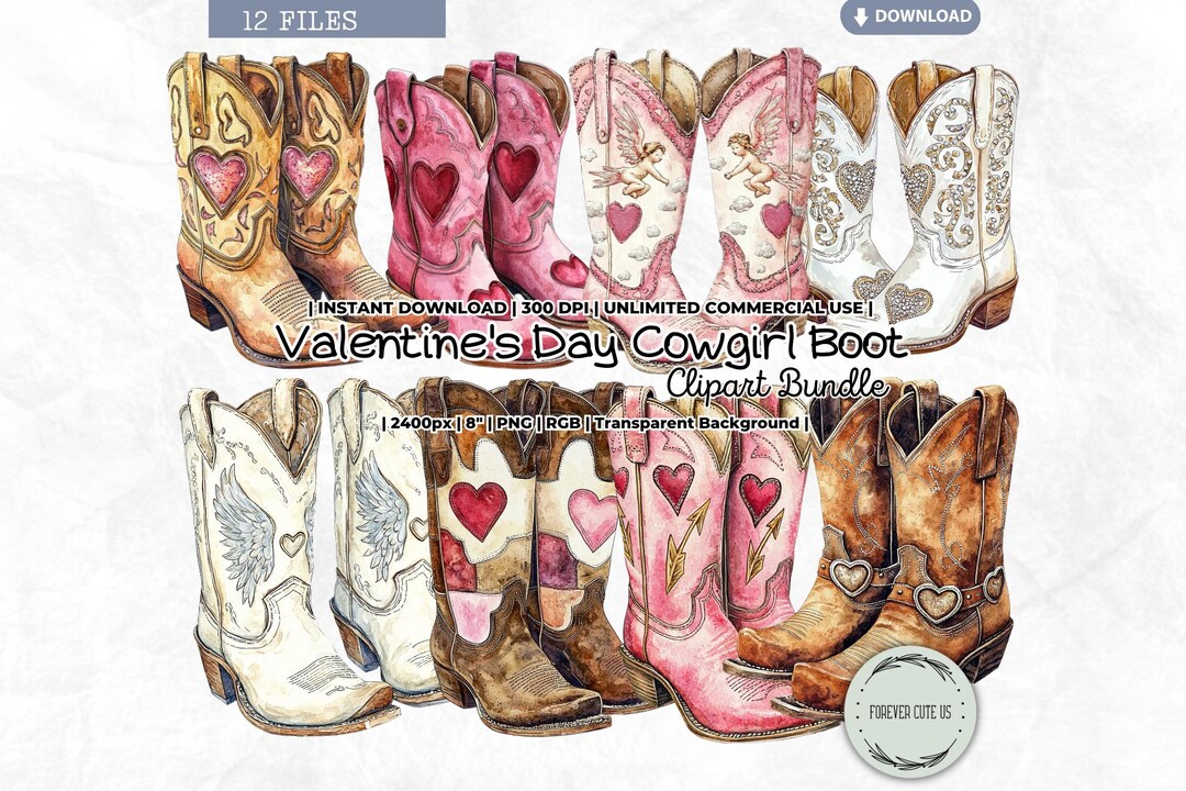Valentine's Day Cowgirl Boot Clipart, Cowboy Boots Clipart Bundle, Western, Sublimation, Wild ...