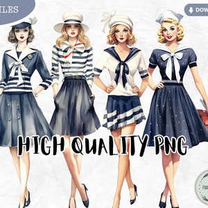 Vintage Nautical Girl Clipart Bundle, Retro, Anchor, Summer, Stripe ...