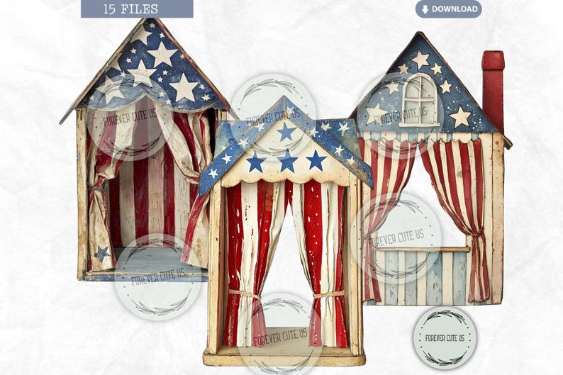 Patriotic Doll House Clipart, 4th of July Blue Red White Stars Stripe ...