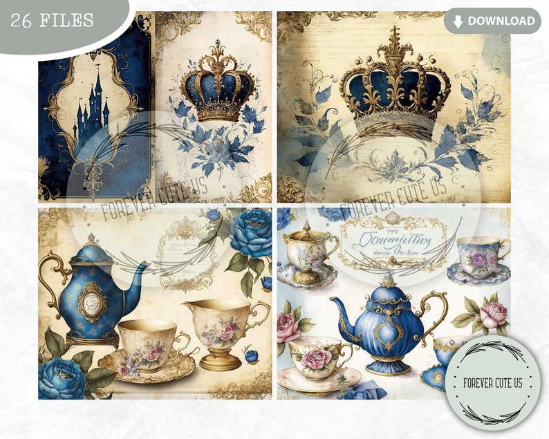 Blue Majesty Junk Journal Collage Sheet, Vintage, Shabby Chic, Royal ...