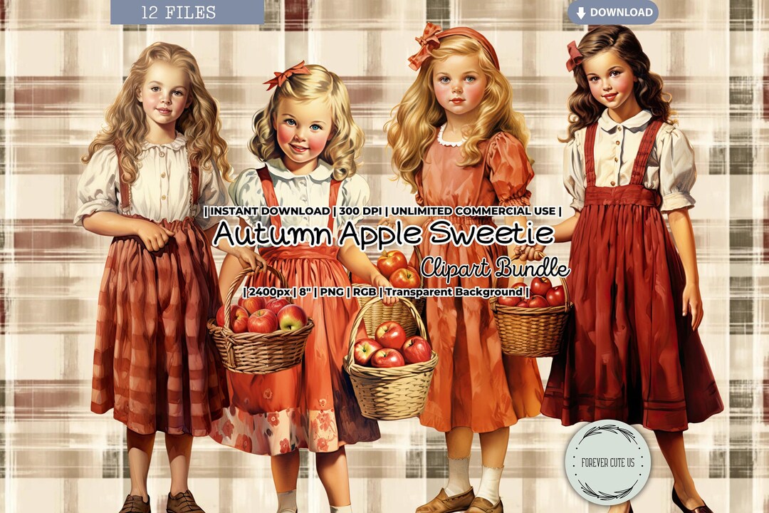 Autumn Apple Sweetie Clipart Bundle, Vintage, Retro, Fall, Harvest ...