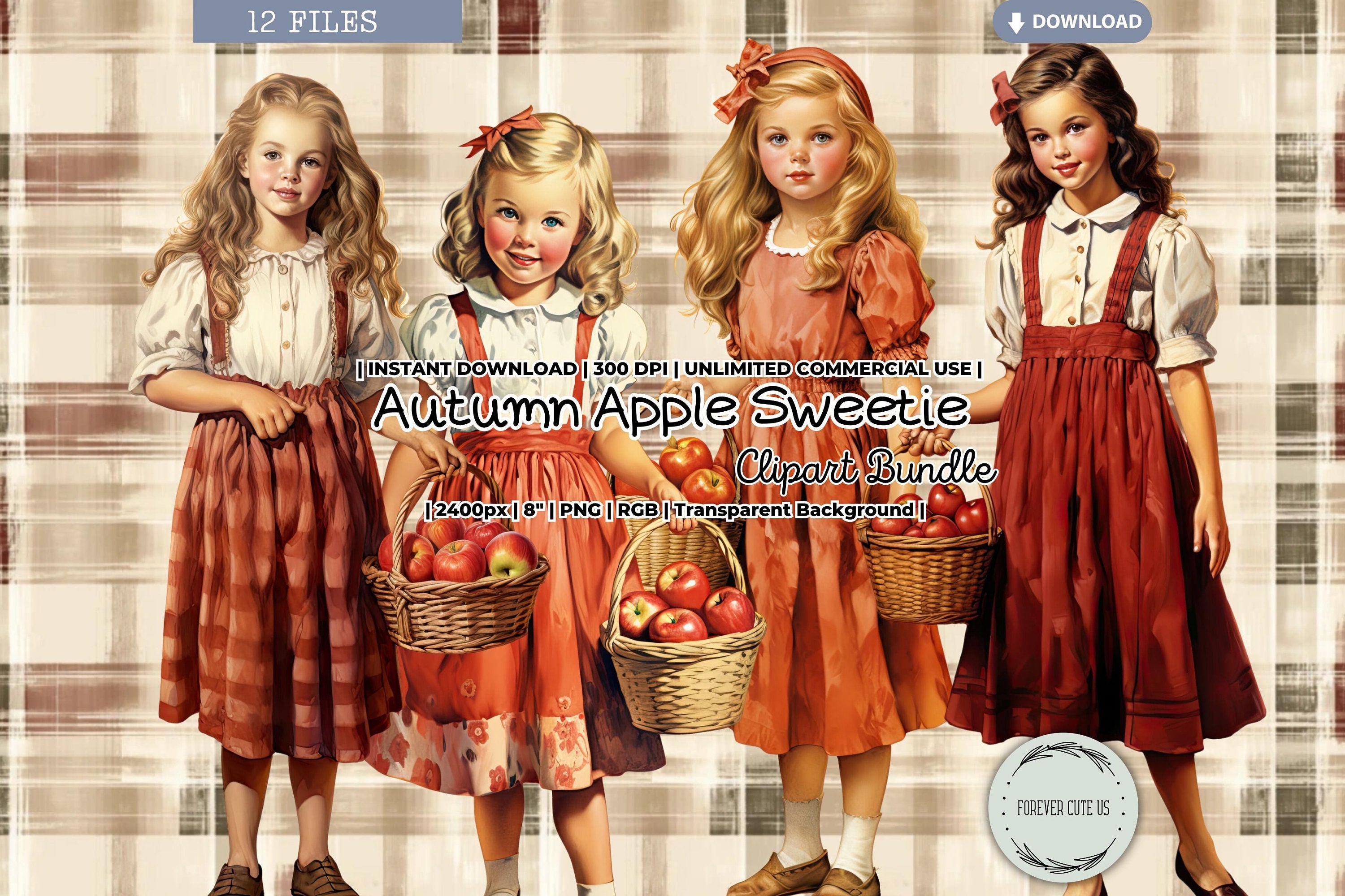 Autumn Apple Sweetie Clipart Bundle, Vintage, Retro, Fall, Harvest ...