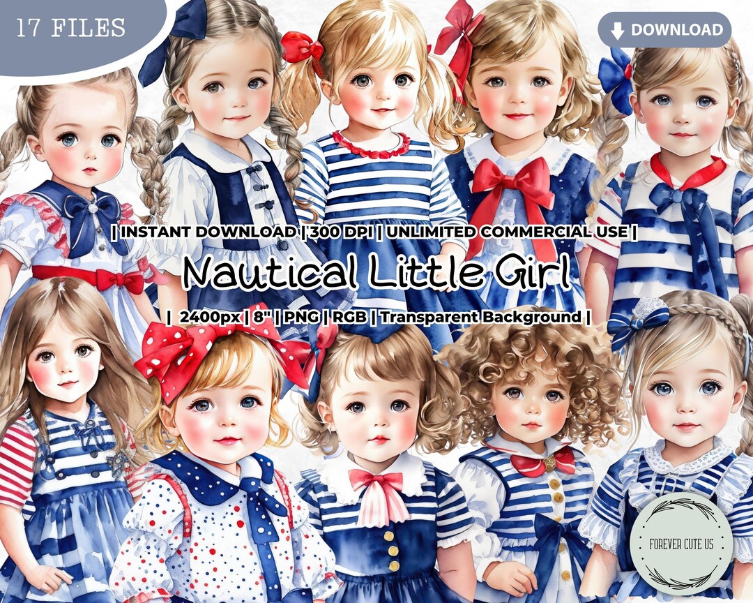 Nautical Little Girl Clipart Bundle, Anchor, Summer, Stripe, Blue ...