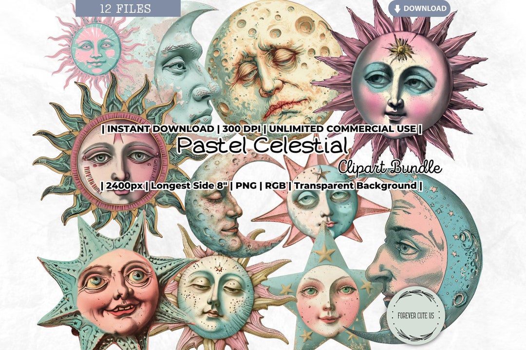 Pastel Celestial Clipart, Vintage, Goddess, Moon Motifs, Moonlight ...