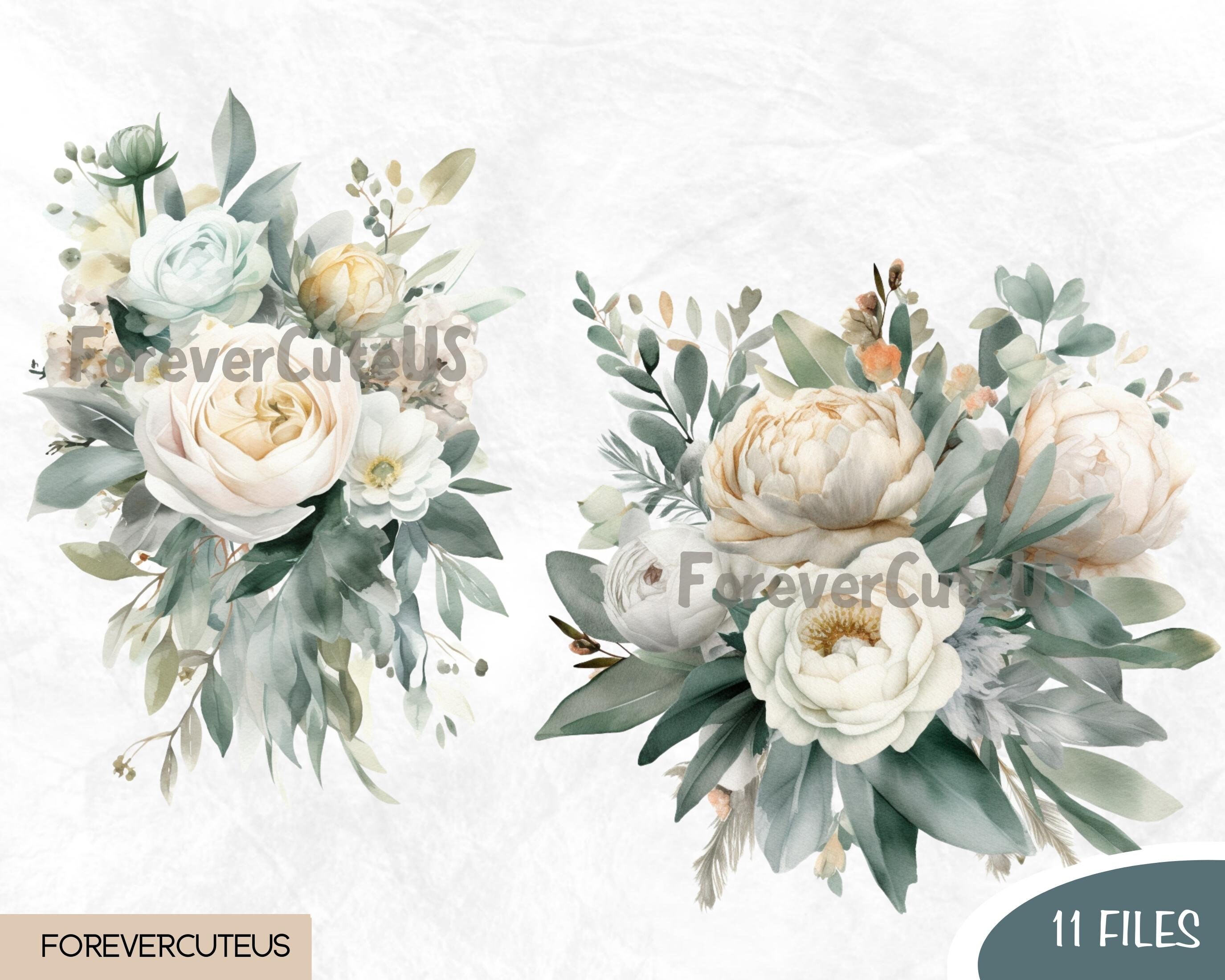 White Wedding Florals Clipart Watercolor Green White - Etsy