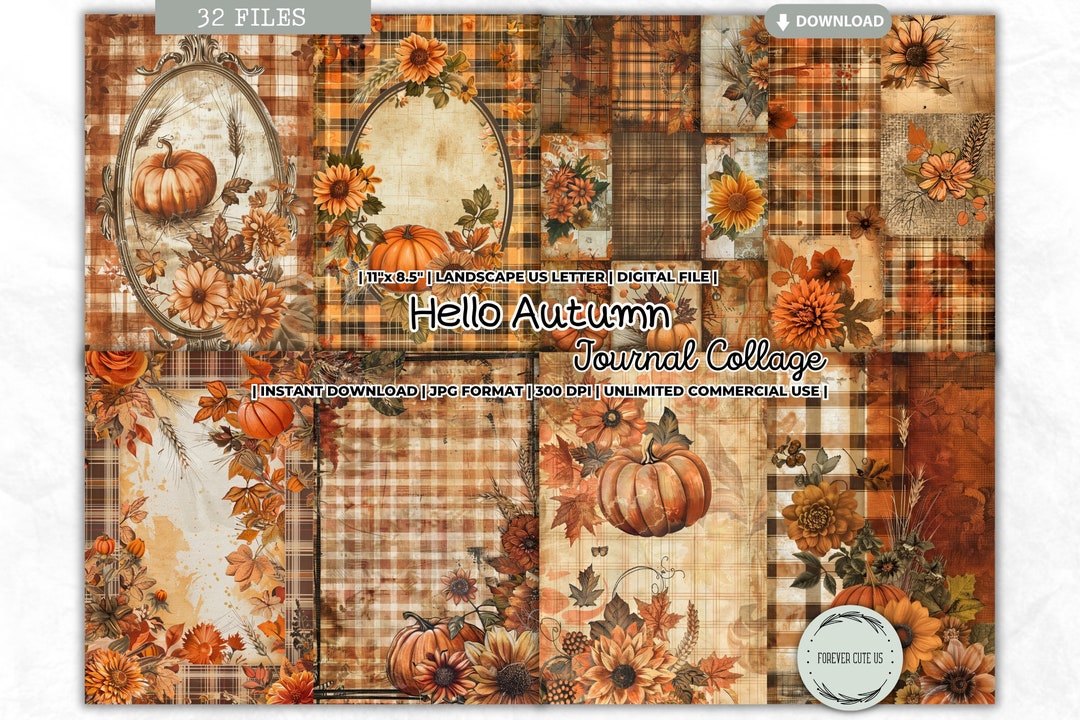 Hello Autumn Junk Journal Collage Sheet Kit, Fall, Leaves, Thanksgiving ...