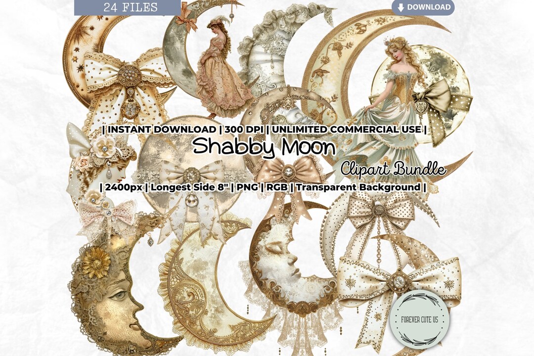 Shabby Moon Clipart, Gold, Glitter, Celestial, Vintage, Goddess, Motifs ...