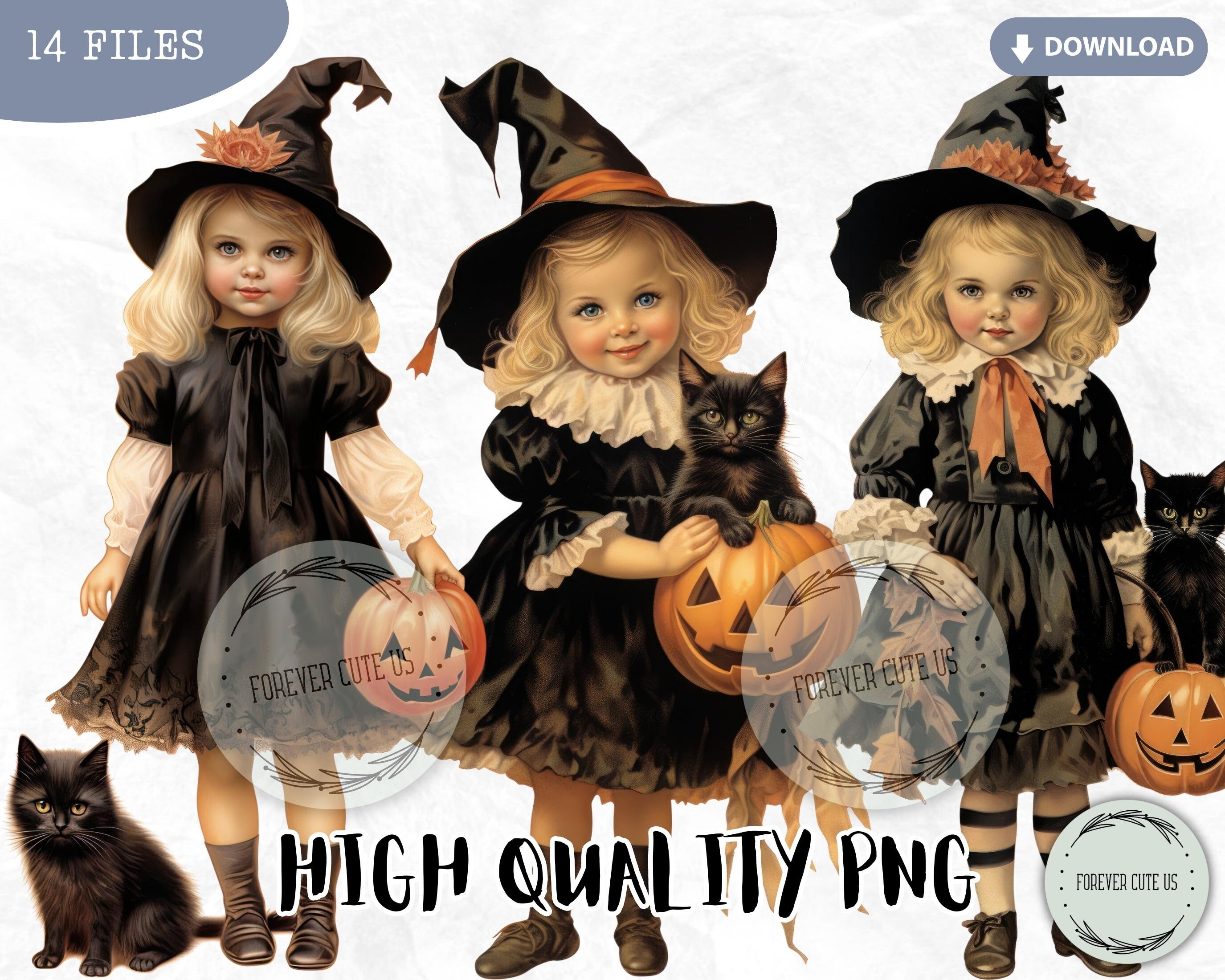 Vintage Little Witch Clipart Bundle, Black Cat, Little Girl, Pumpkin ...