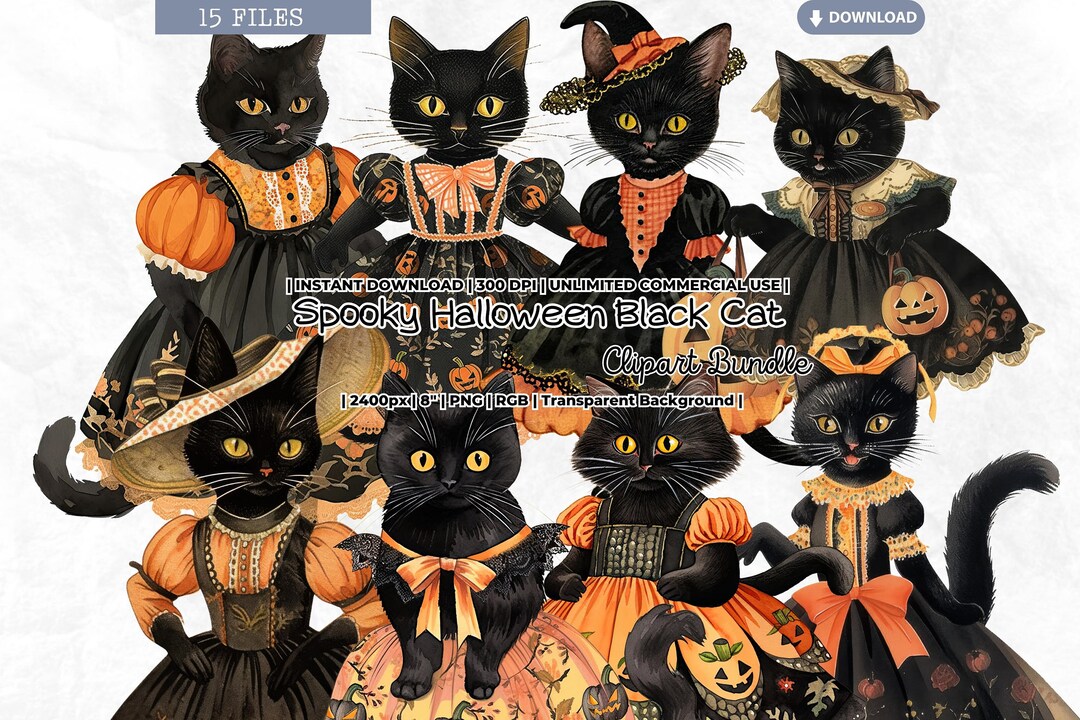 Spooky Halloween Black Cat Clipart Set, Witch, Pumpkin, Fall, Autumn ...