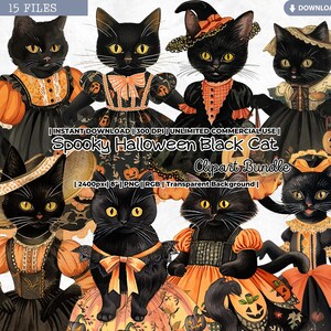 Spooky Halloween Black Cat Clipart Set, Witch, Pumpkin, Fall, Autumn ...