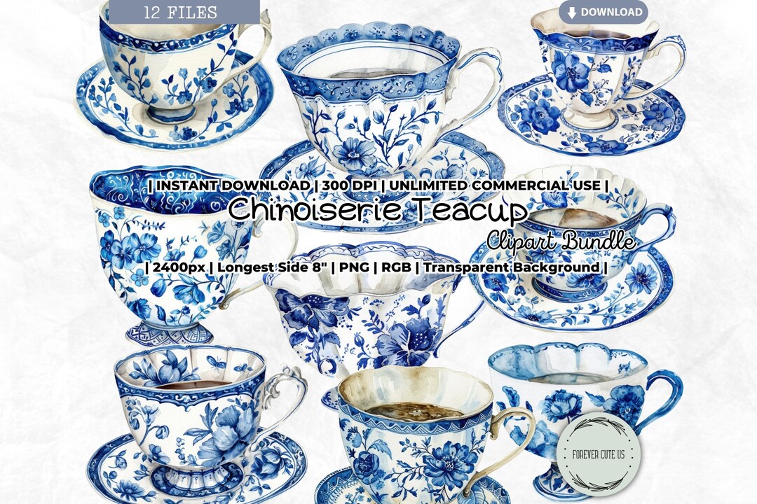 Chinoiserie Teacup Watercolor Clipart, Vintage, Dinnerware, Tea Party ...